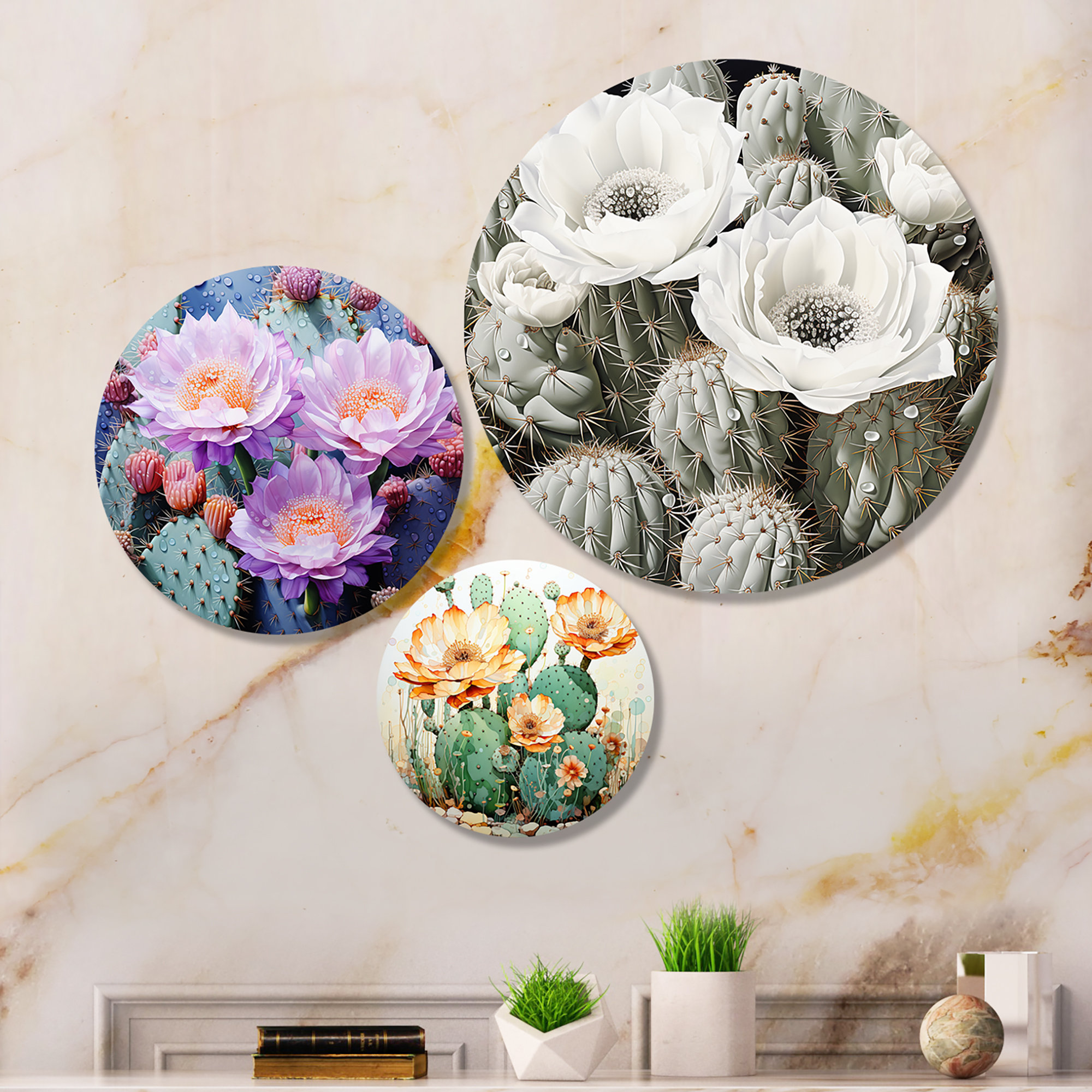 East Urban Home Pink Green Cactus Delicate Intricacies Fishhook I On Metal 3 Pieces Print | Wayfair